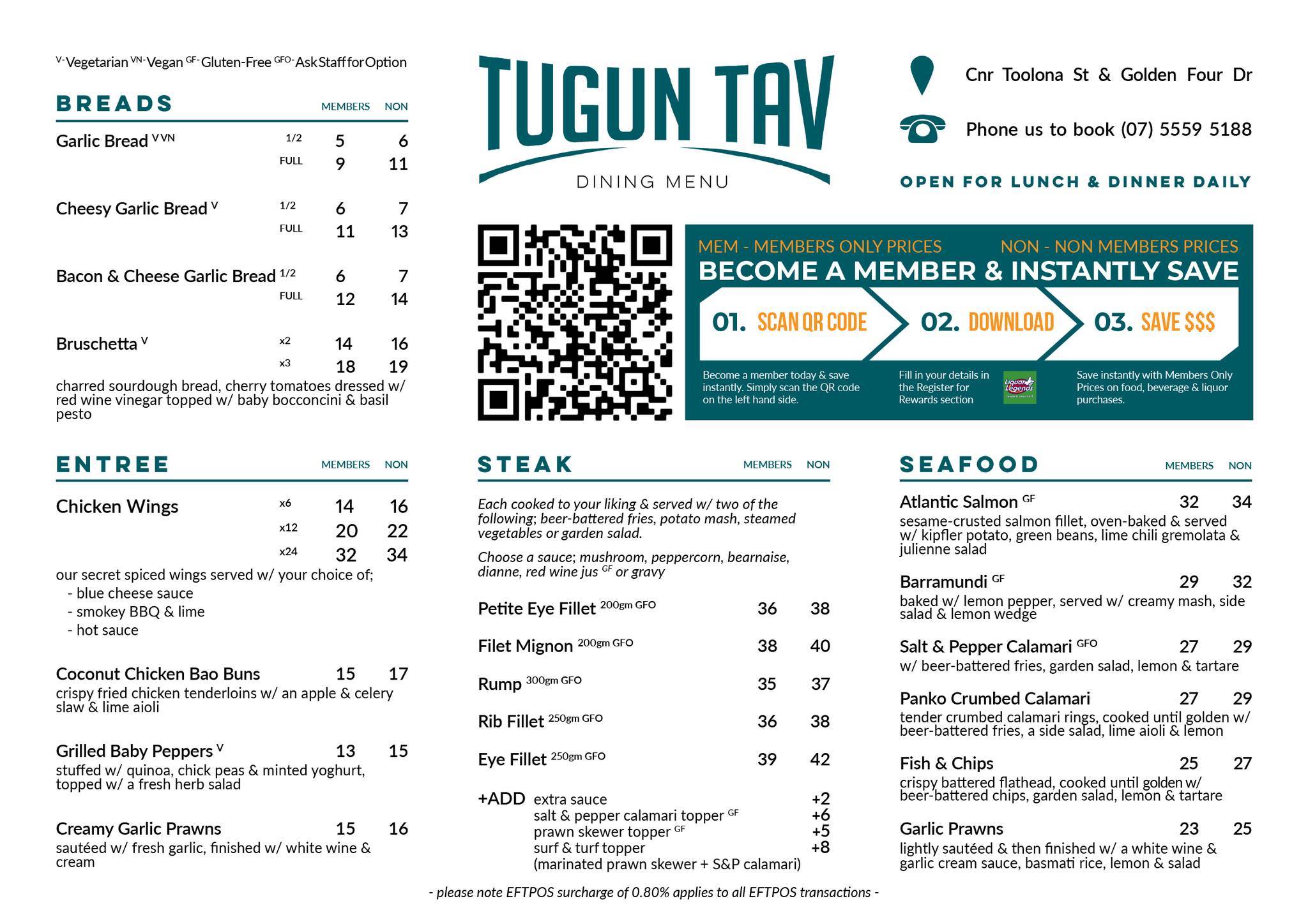 Menu at Tugun Tavern restaurant, Tugun