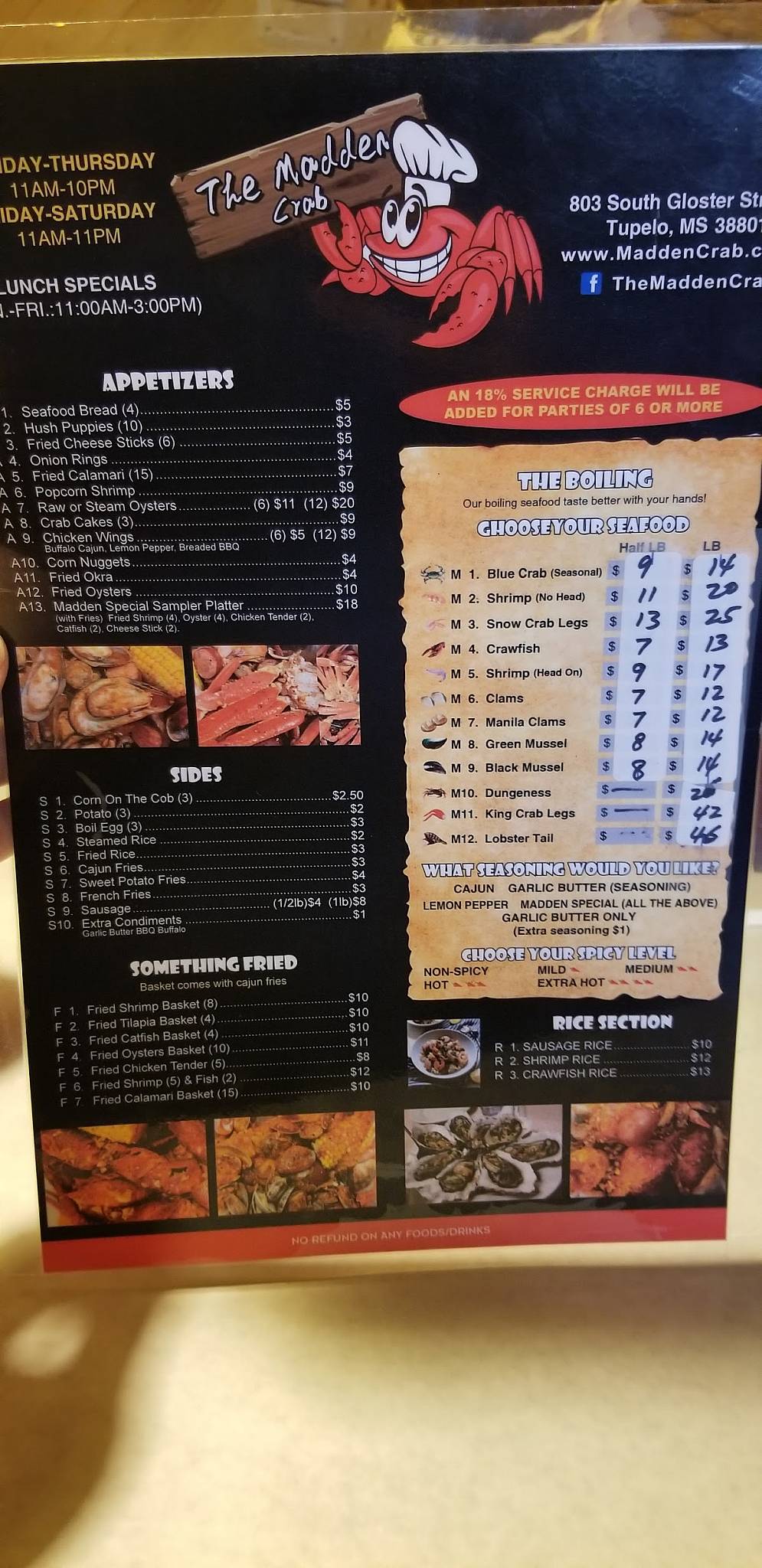 Menu at The Madden Crab restaurant, Tupelo