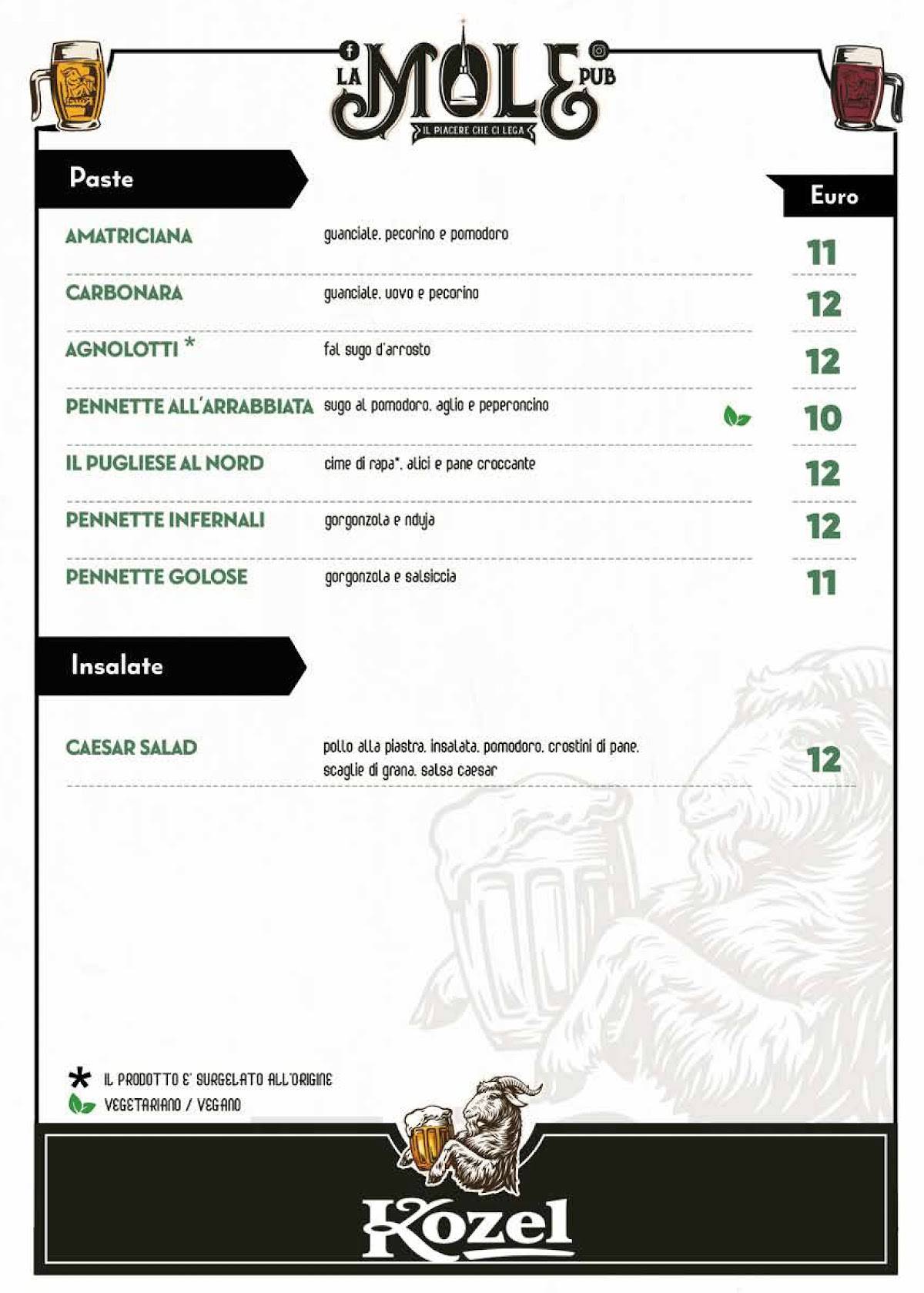 Menu da La Mole Pub, Torino