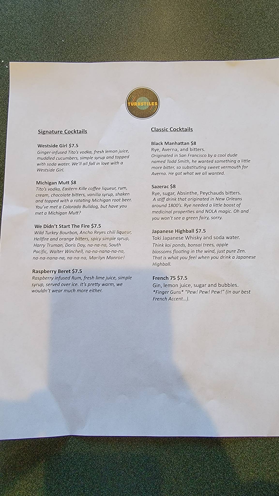 Menu at Turnstiles Bar, Grand Rapids, 526 Stocking Ave NW