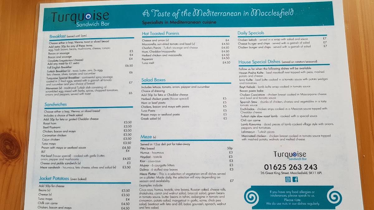 Menu at Turquoise Sandwich Bar, Macclesfield
