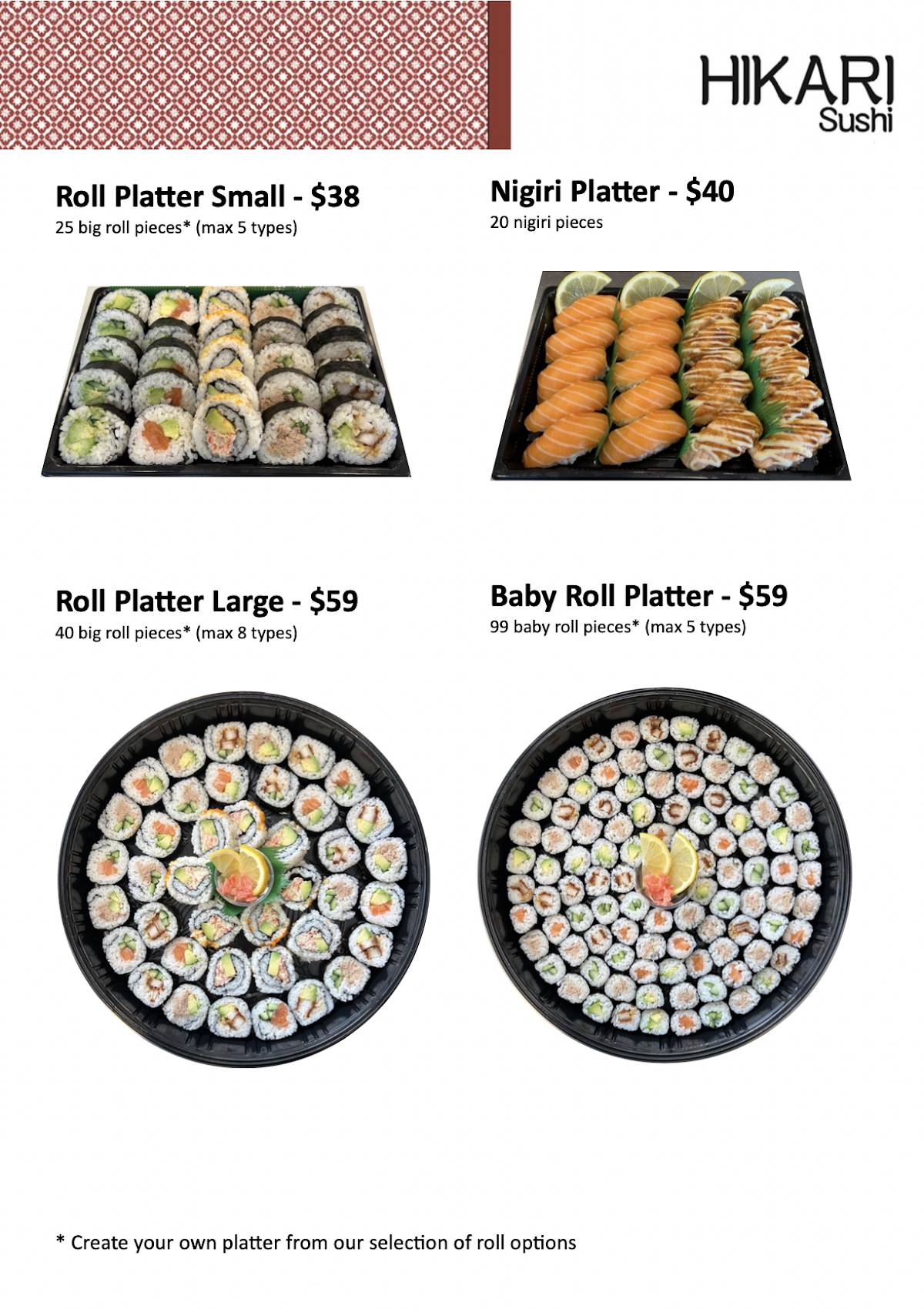 Menu at Hikari Sushi restaurant, Turramurra