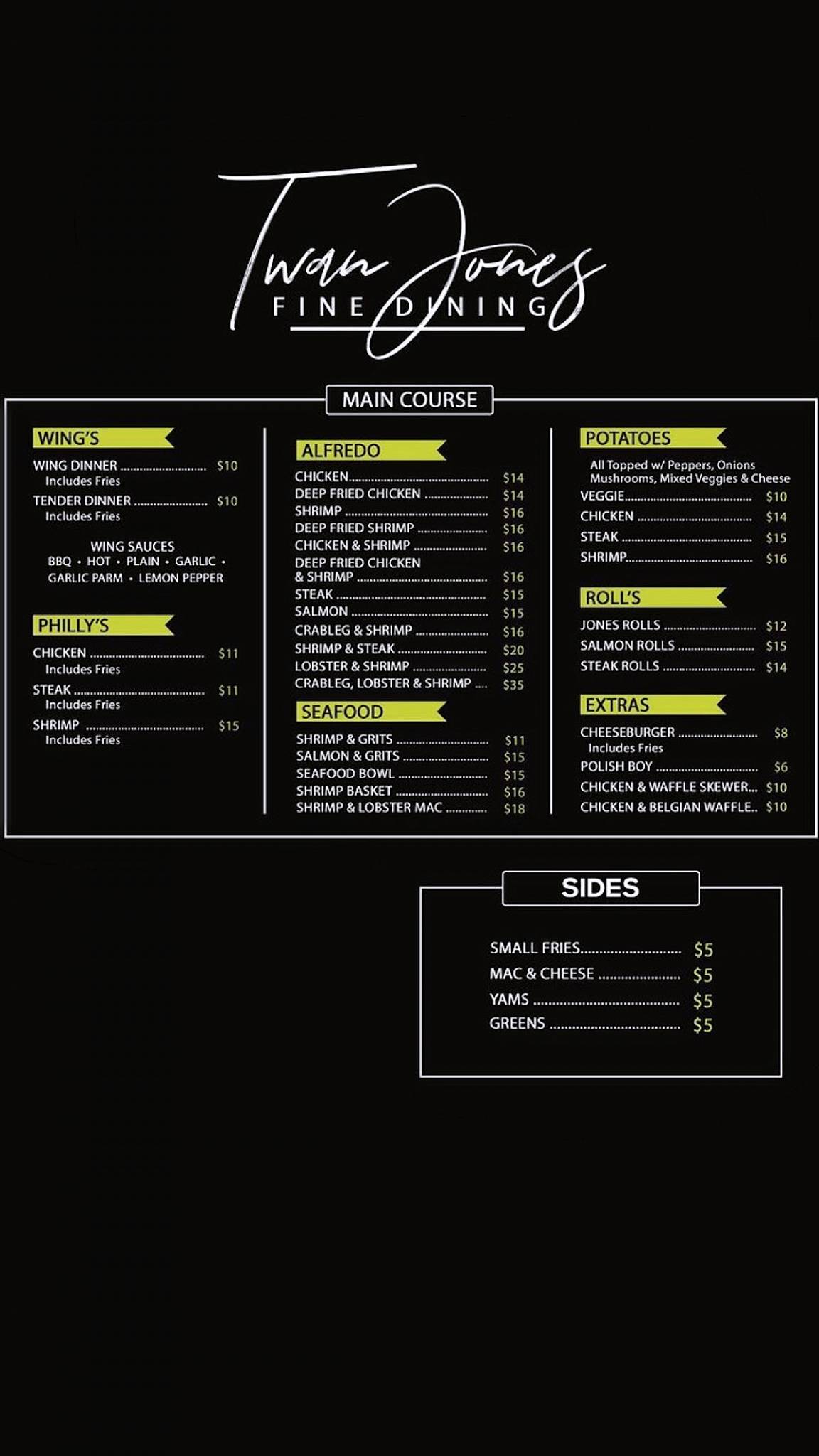 Menu at Twan Jones Fine Dining pizzeria, Garfield Heights, Turney Rd