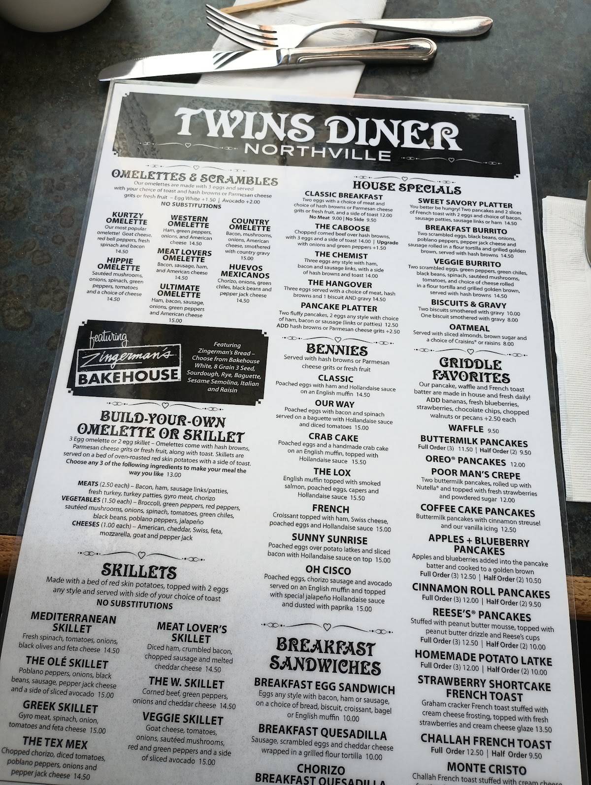 Menu at Twins Diner restaurant, Northville