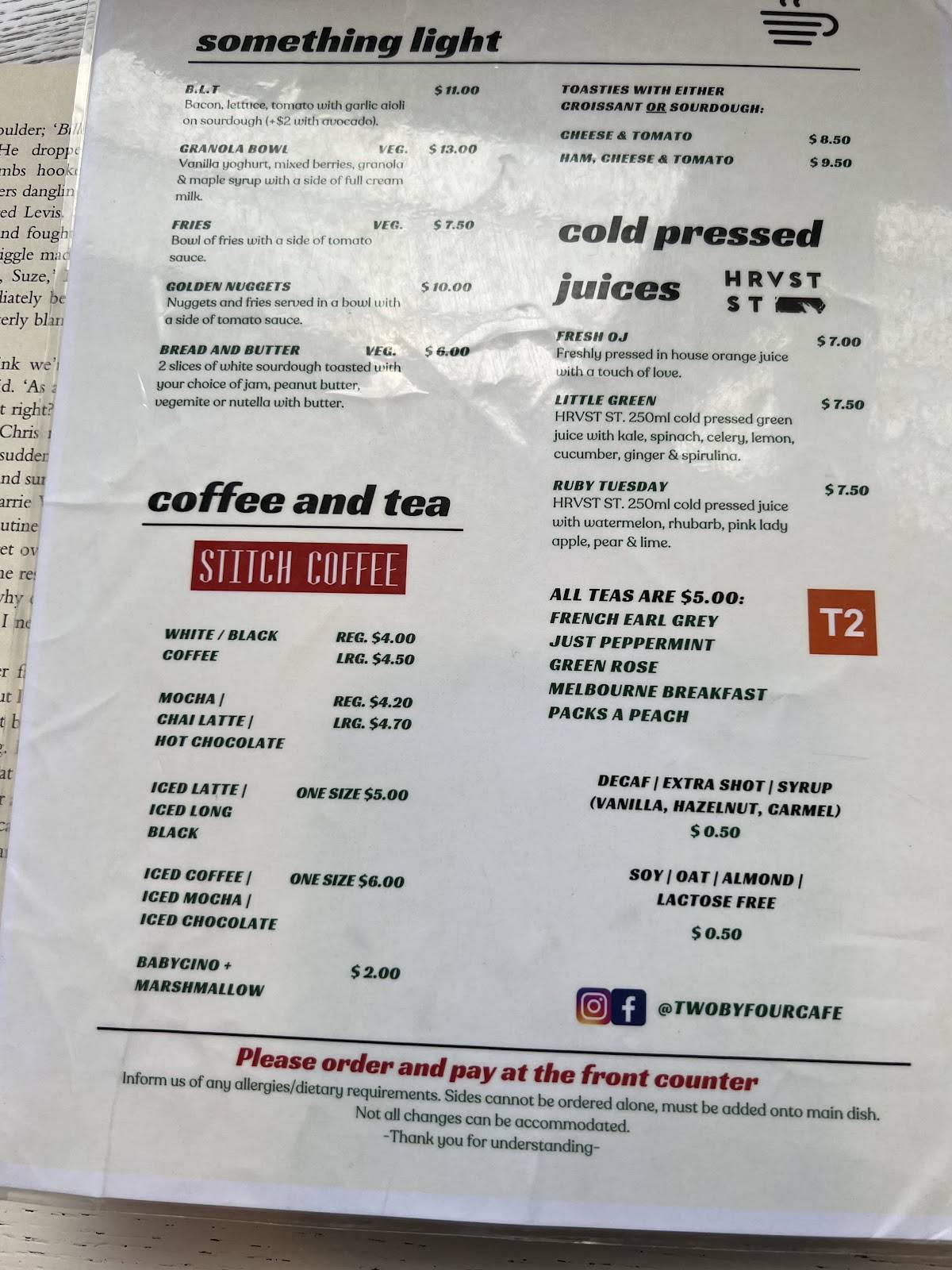 Menu at Two By Four Cafe, Blacktown