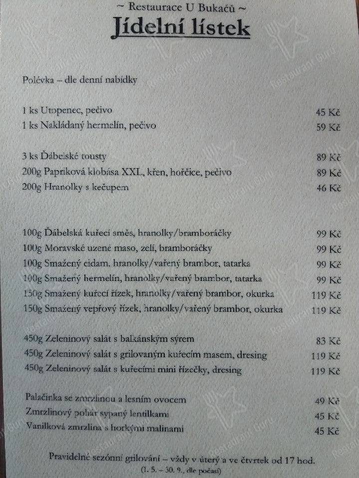 Menu at Restaurace U Bukačů restaurant, Prague