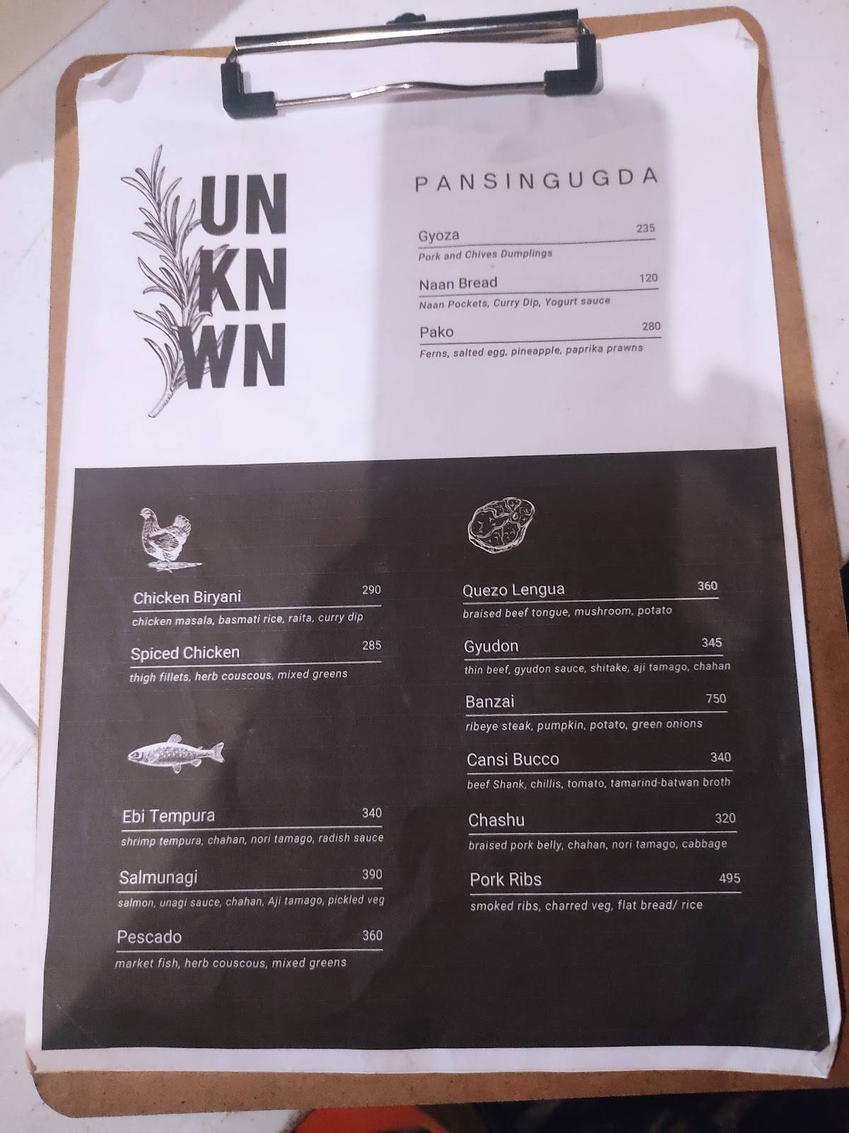 Menu at UNKNWN KITCHN restaurant, Dumaguete