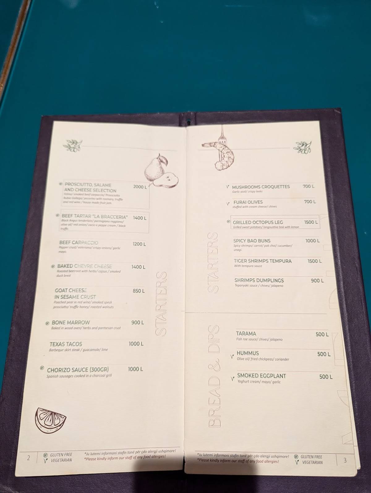 Menu at Ulliri City Center restaurant, Tirana