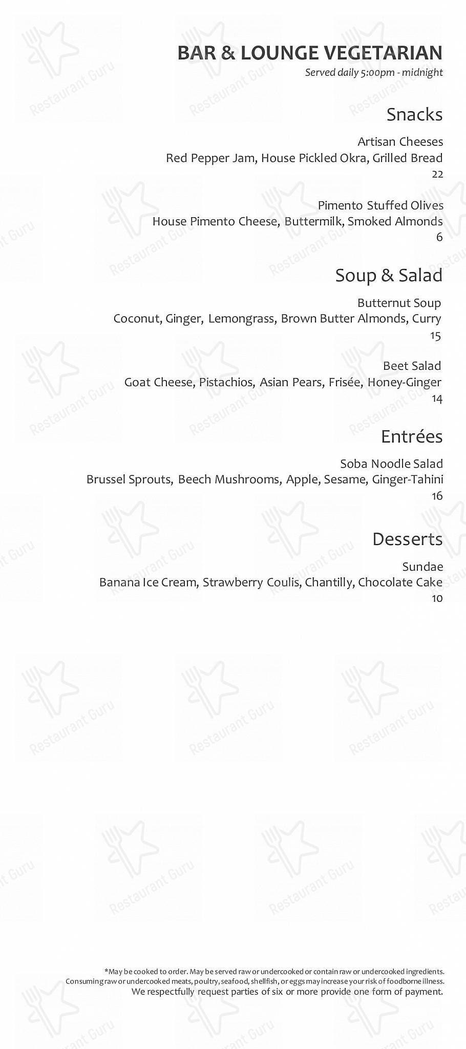 Menu at The Umstead Hotel and Spa pub & bar, Cary