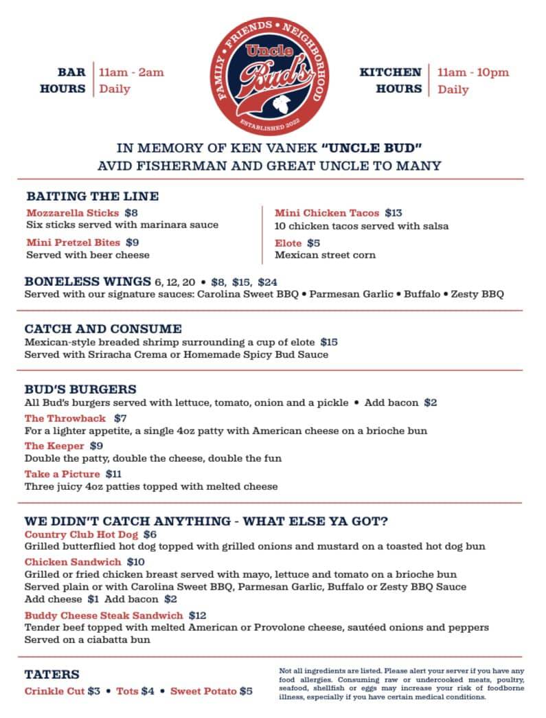 Menu at Uncle Buds pub & bar, Oak Lawn