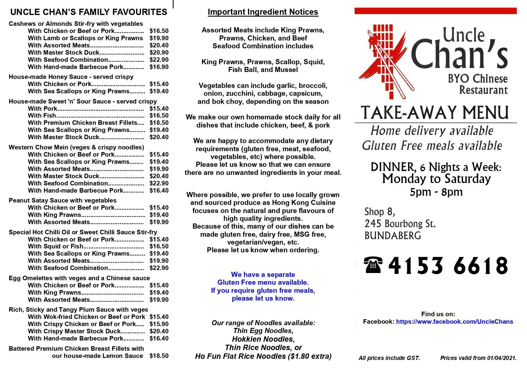 Menu at Uncle Chan's Chinese Restaurant, Bundaberg West, 245 Bourbong St