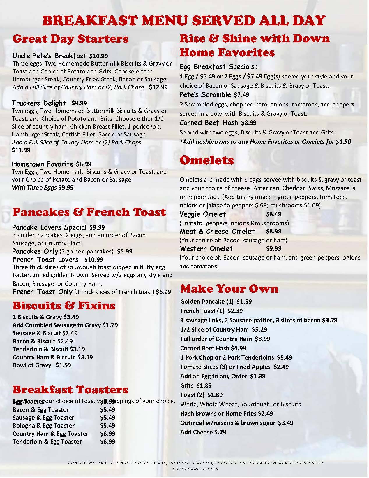 Menu at Uncle Pete's Restaurant, Lebanon