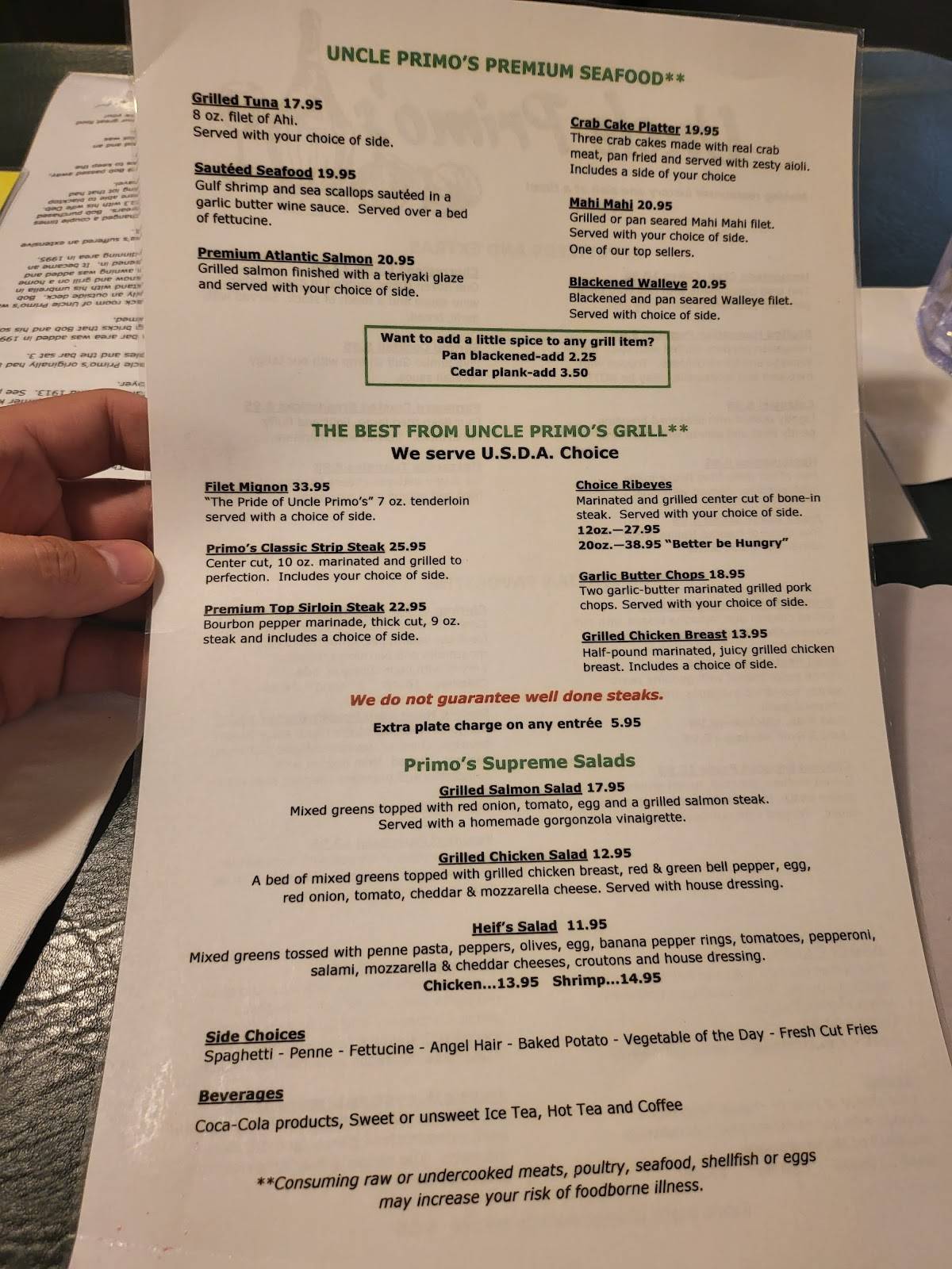 Menu at Uncle Primo's steakhouse, New Philadelphia