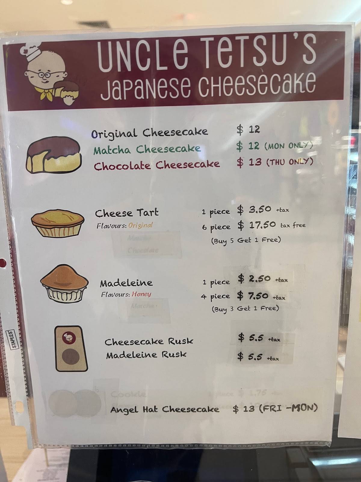 Menu at Uncle Tetsu's Japanese Cheesecake, Dufferin Mall, Toronto