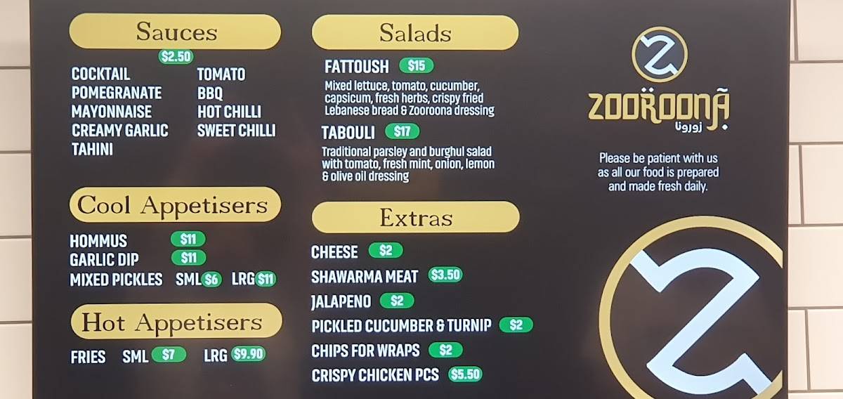 Carta del restaurante Zooroona Shawarma & Snack, Underwood