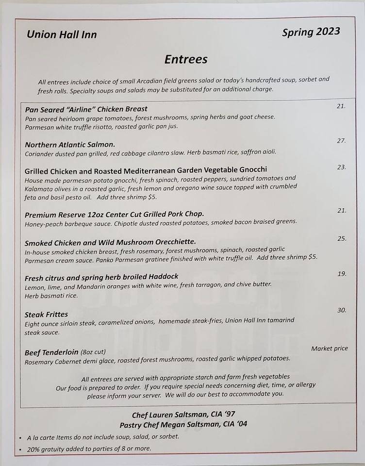 Menu at Union Hall Inn Restaurant & Catering, Johnstown