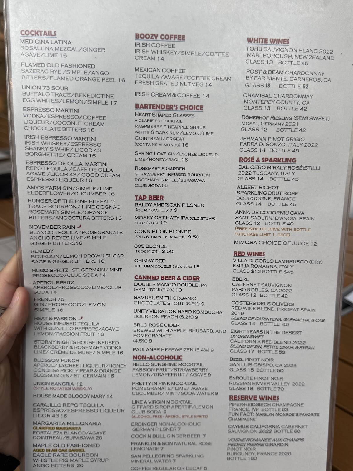 Menu at Union On Yale pub & bar, Claremont