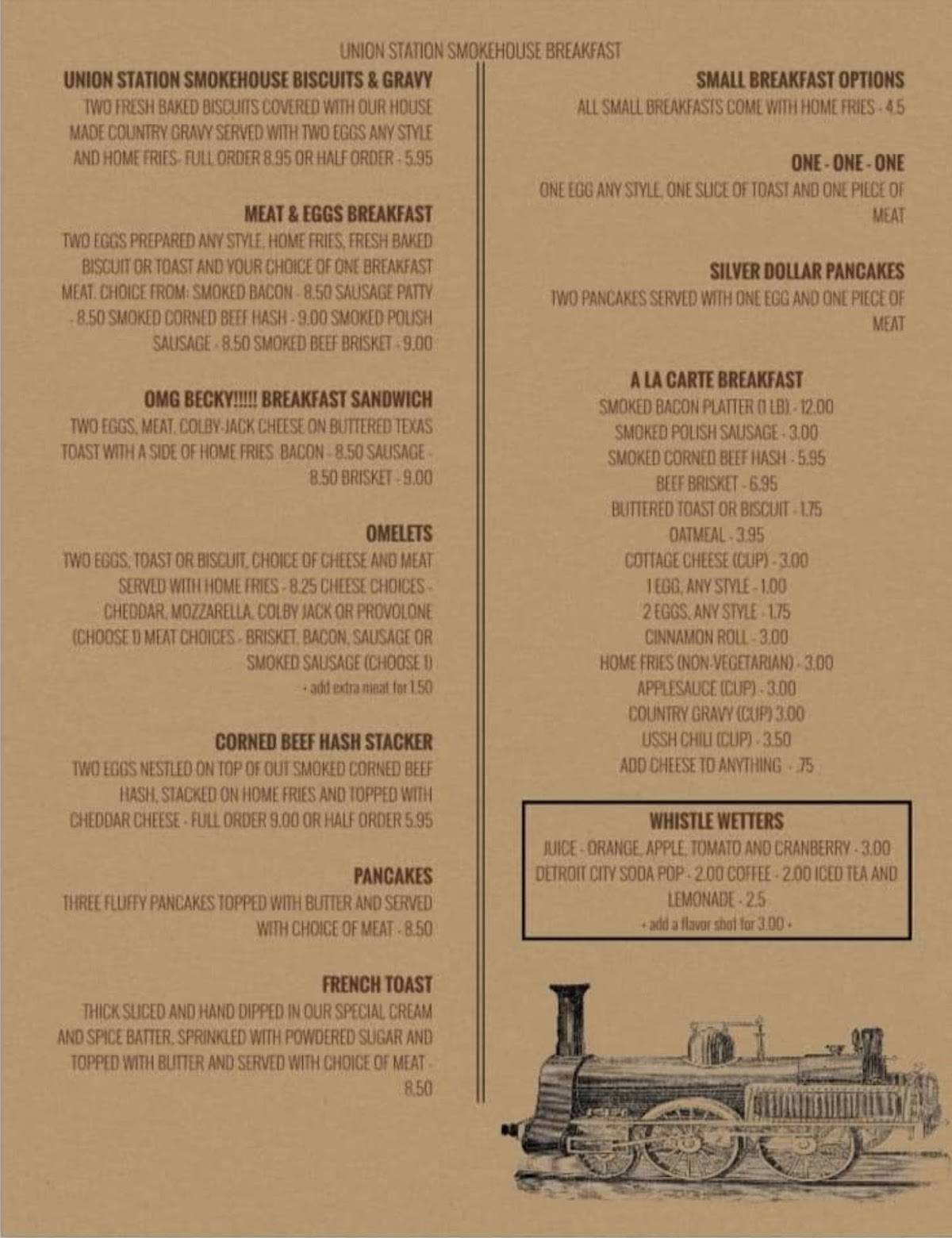 Menu at Union Station Smokehouse restaurant, Durand