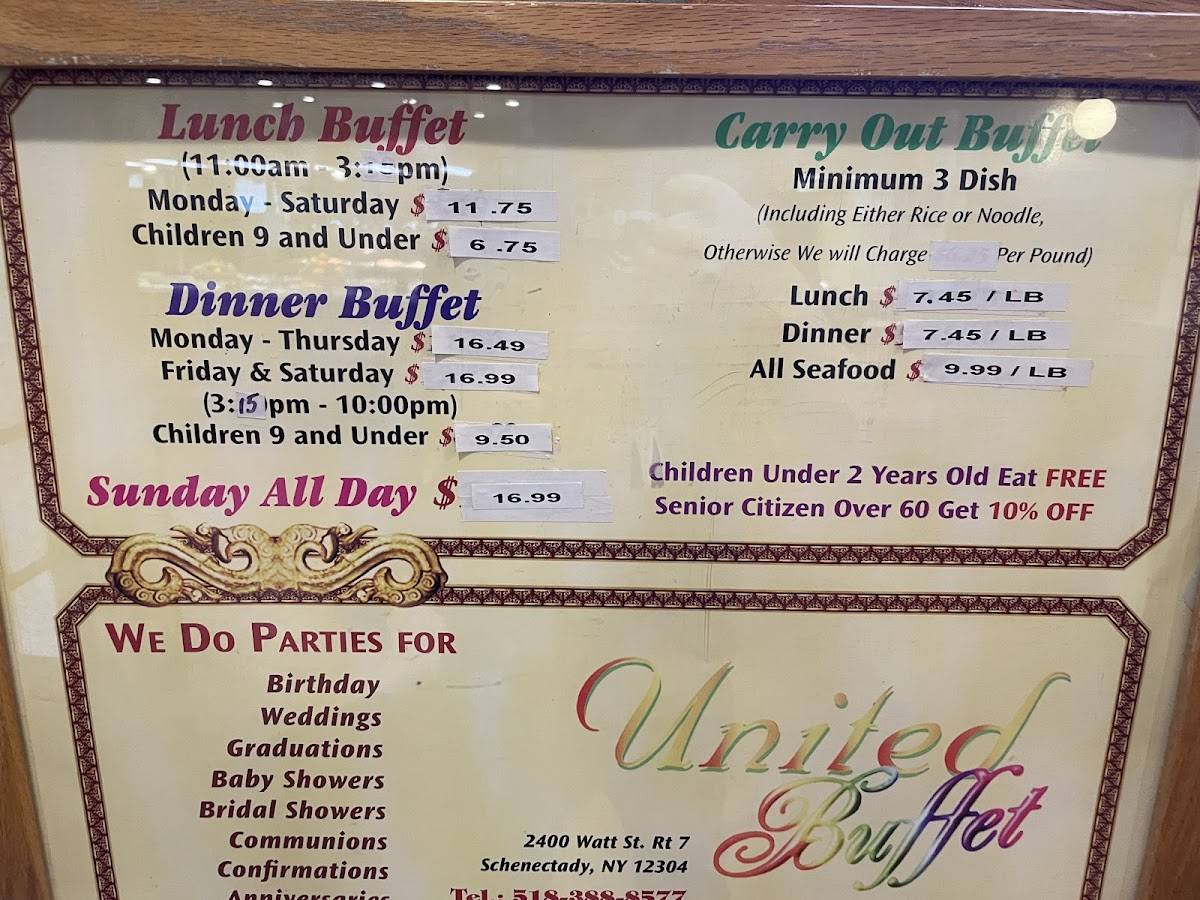 Menu at United Buffet restaurant, Schenectady