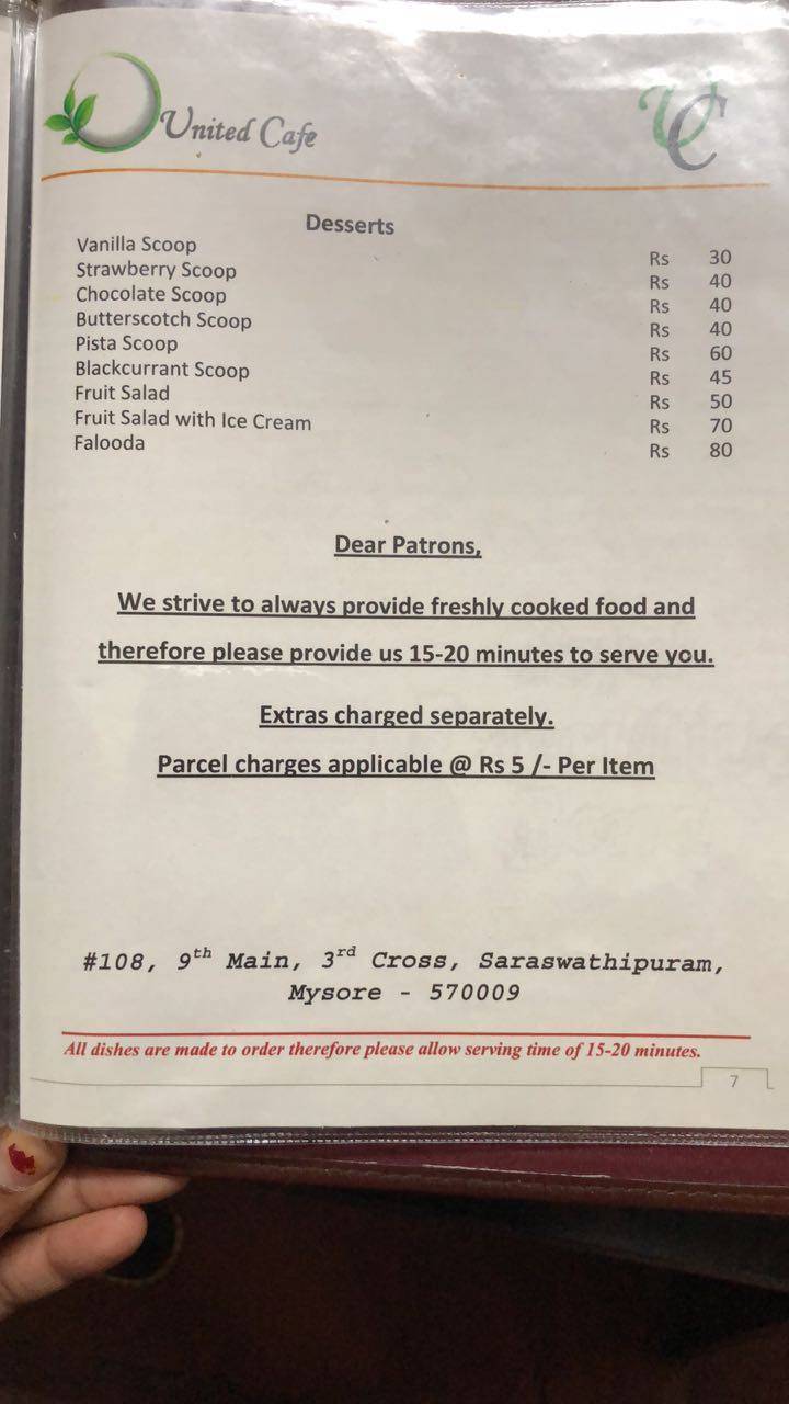 Menu at United Cafe, Mysuru