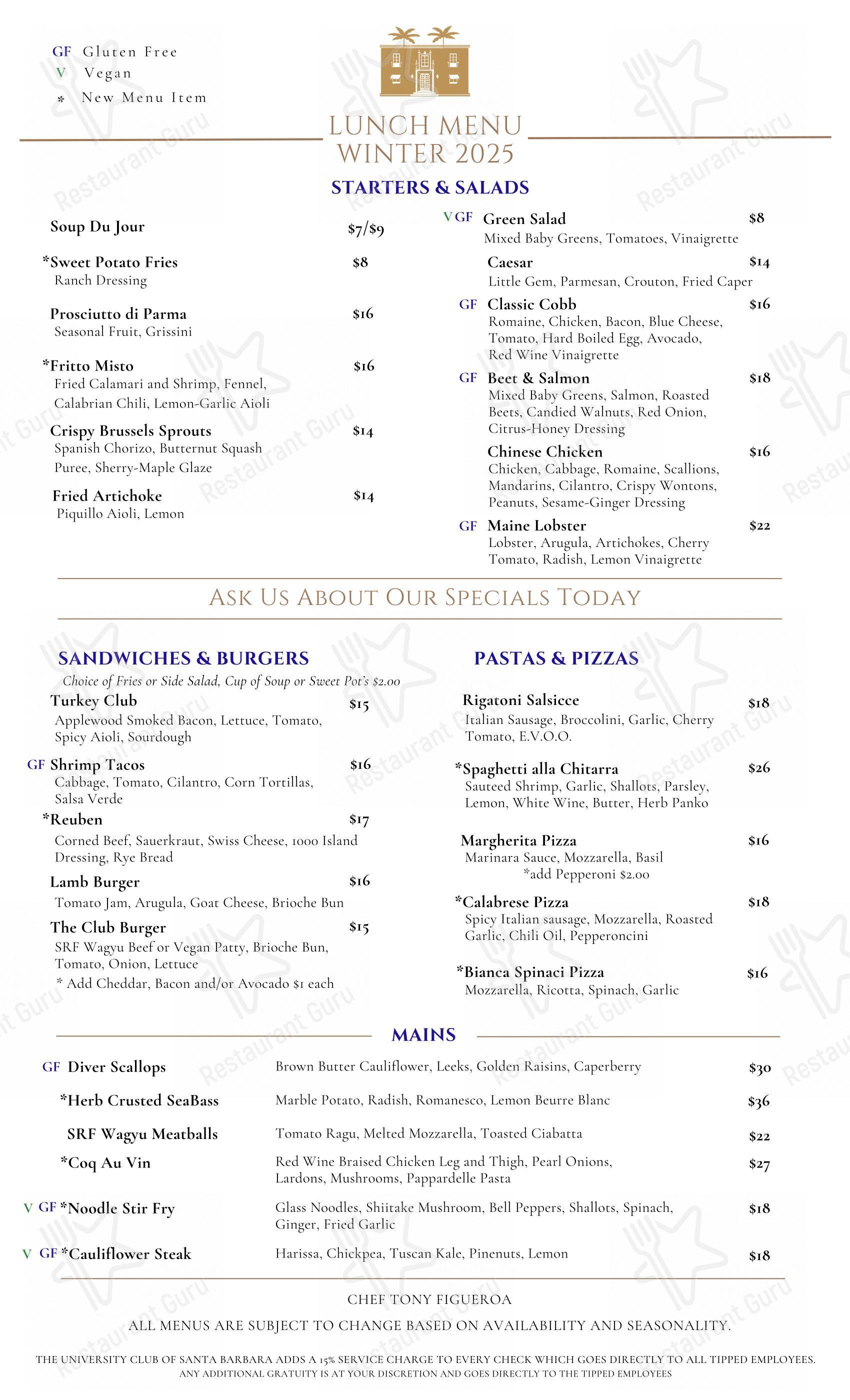 Menu at University Club, Santa Barbara