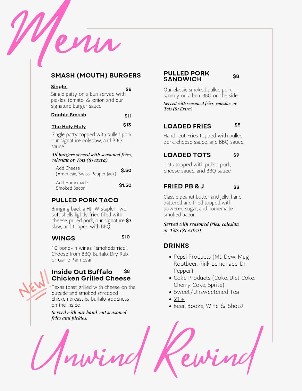 Menu at Unwind Rewind BBQ, Sullivan