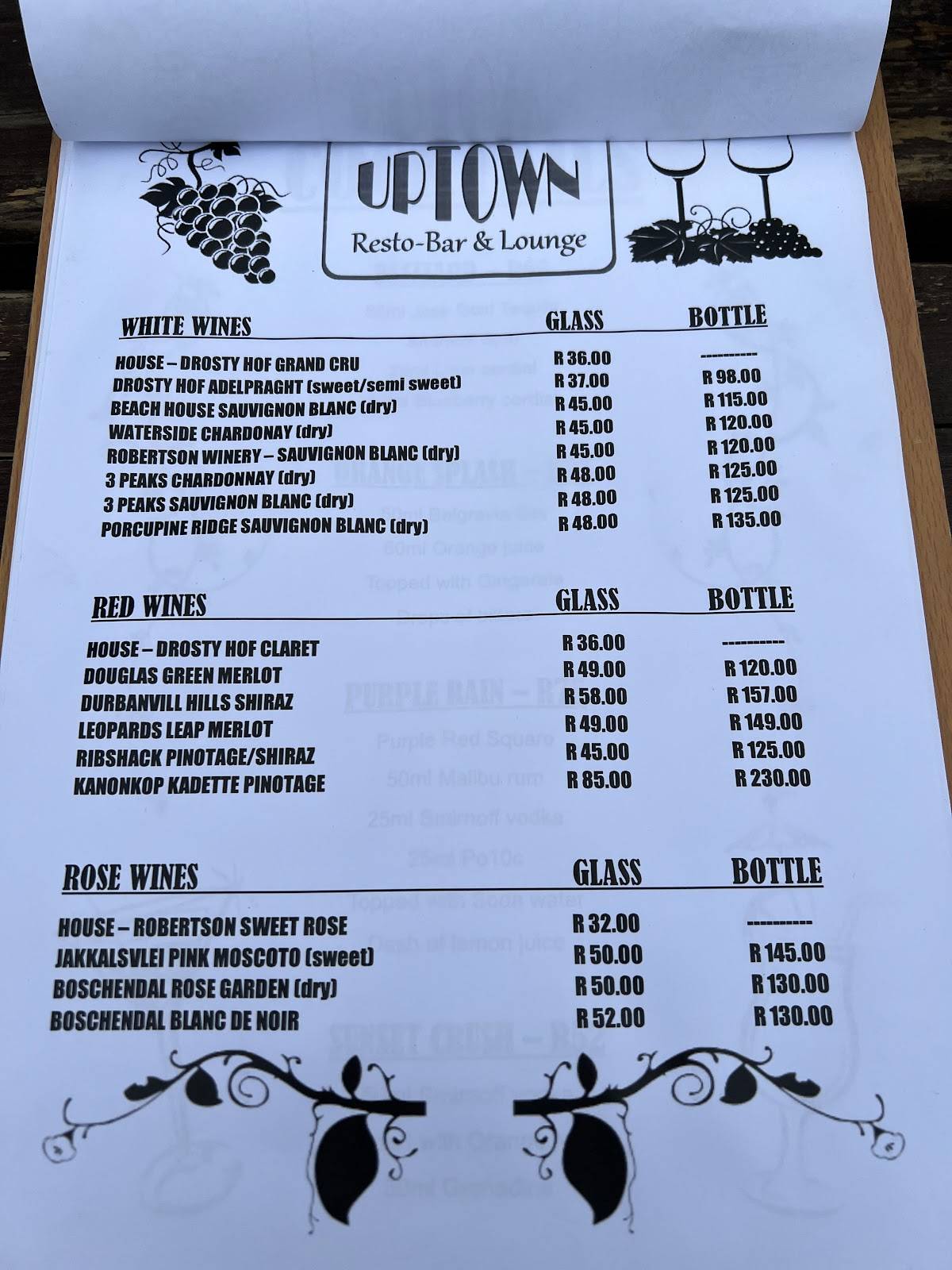 Menu at Uptown Restobar Knysna, Knysna