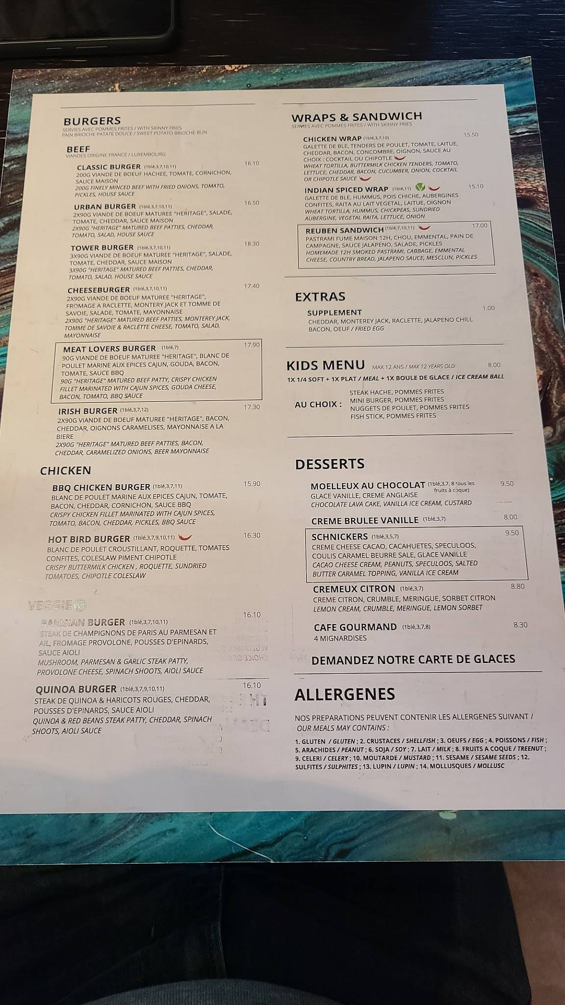 Menu at Urban Belval restaurant, Esch-sur-Alzette