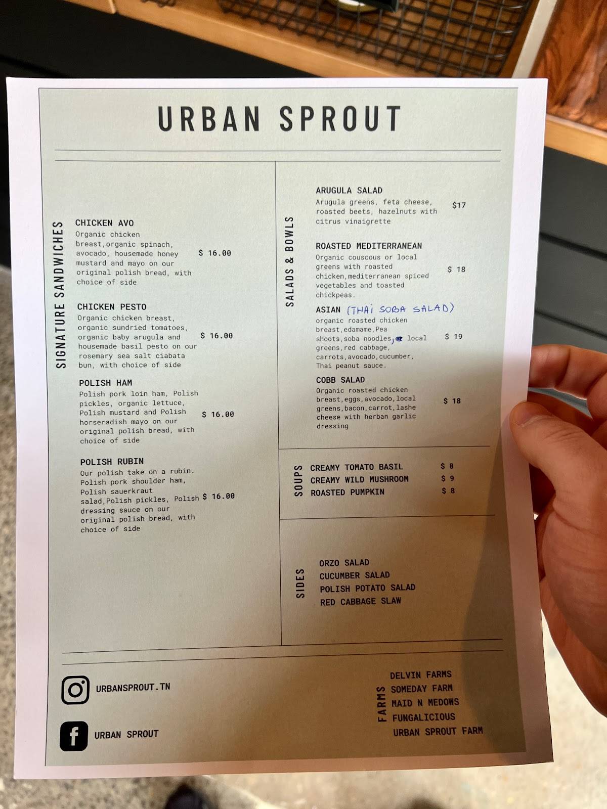 Menu at Urban Sprout cafe, Nashville