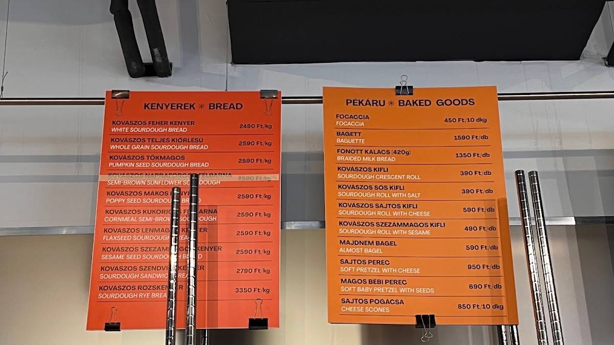 Menu at VAJ cafe, Budapest