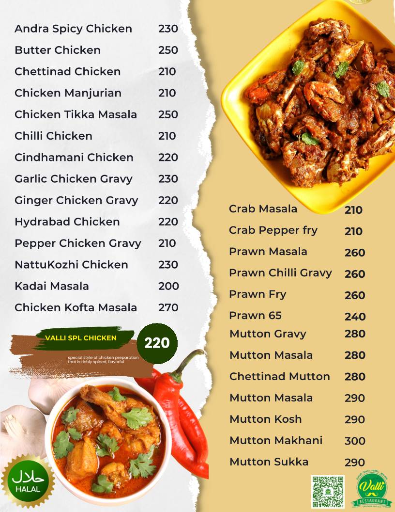 Menu at VALLI RESTAURANT, Kulasekharapatnam