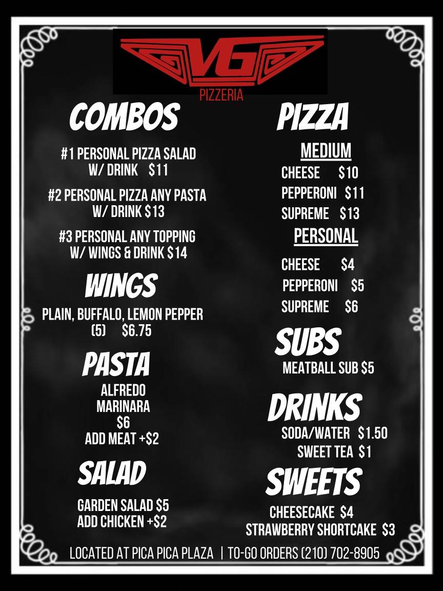 Menu at VG Pizzeria, San Antonio, 910 SE Military Dr