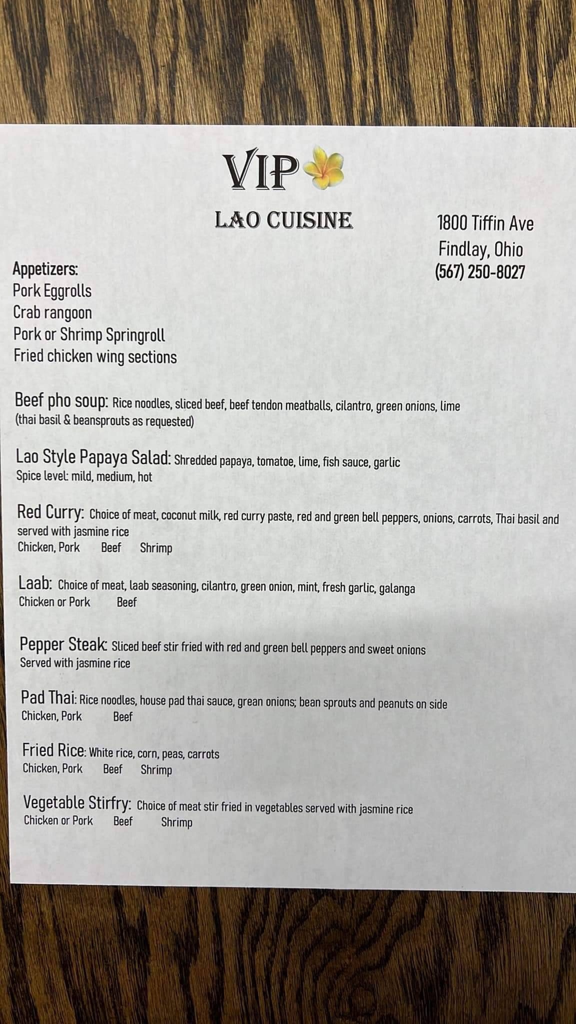 Menu at VIP Lao Cuisine restaurant, Findlay, Tiffin Ave
