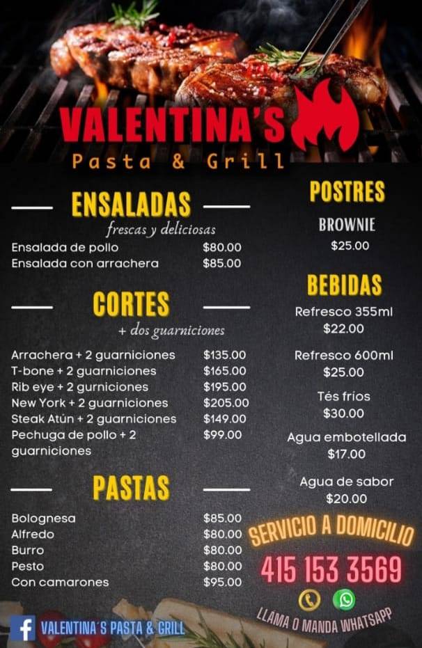Menu at Valentina's Pasta & Grill fast food, San Miguel de Allende ...