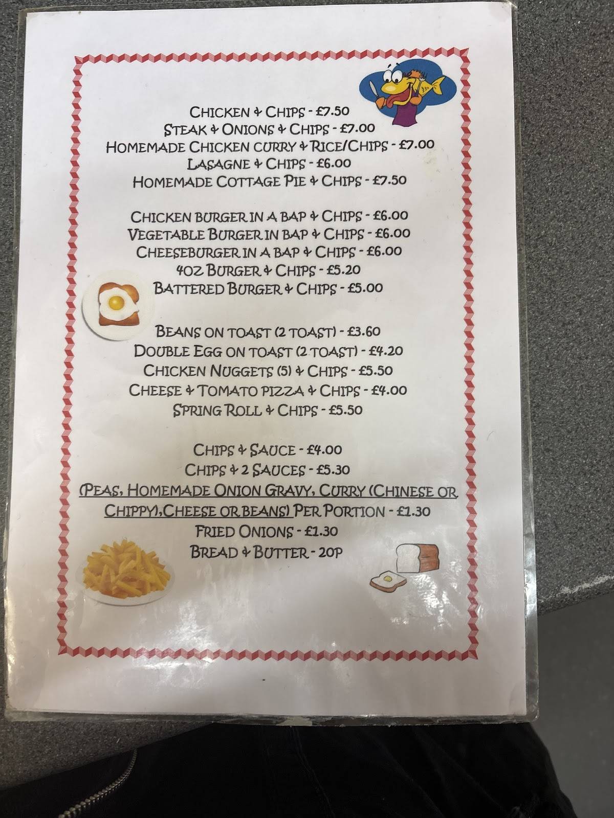 Menu at Valla's Fish & Chip Shop restaurant, Bangor