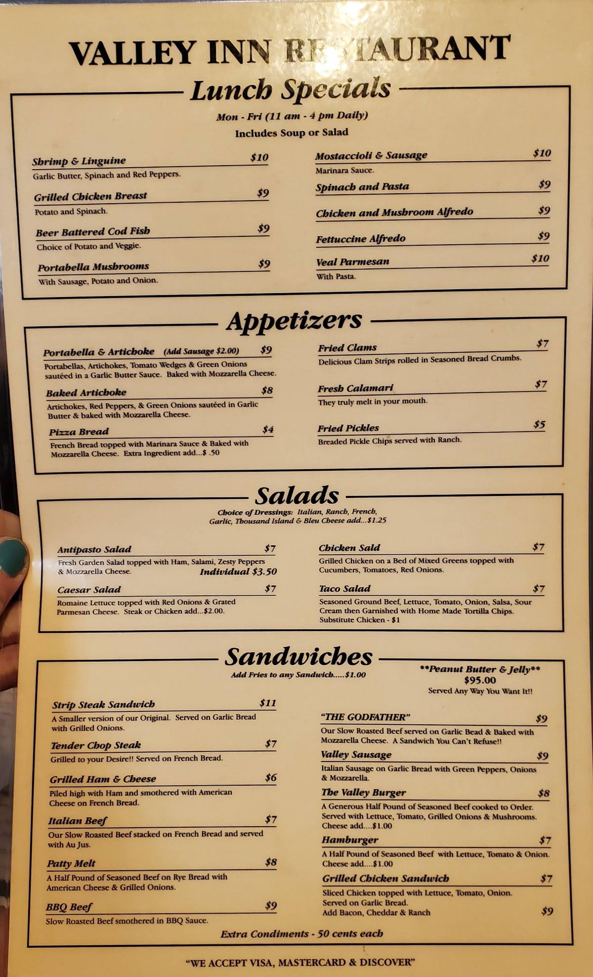 Menu at Valley Inn Restaurant, Palos Hills, W 107th St