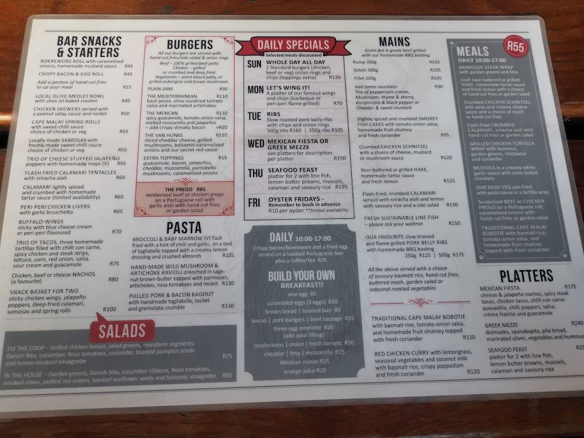 Menu at Van Hunks pub & bar, Cape Town