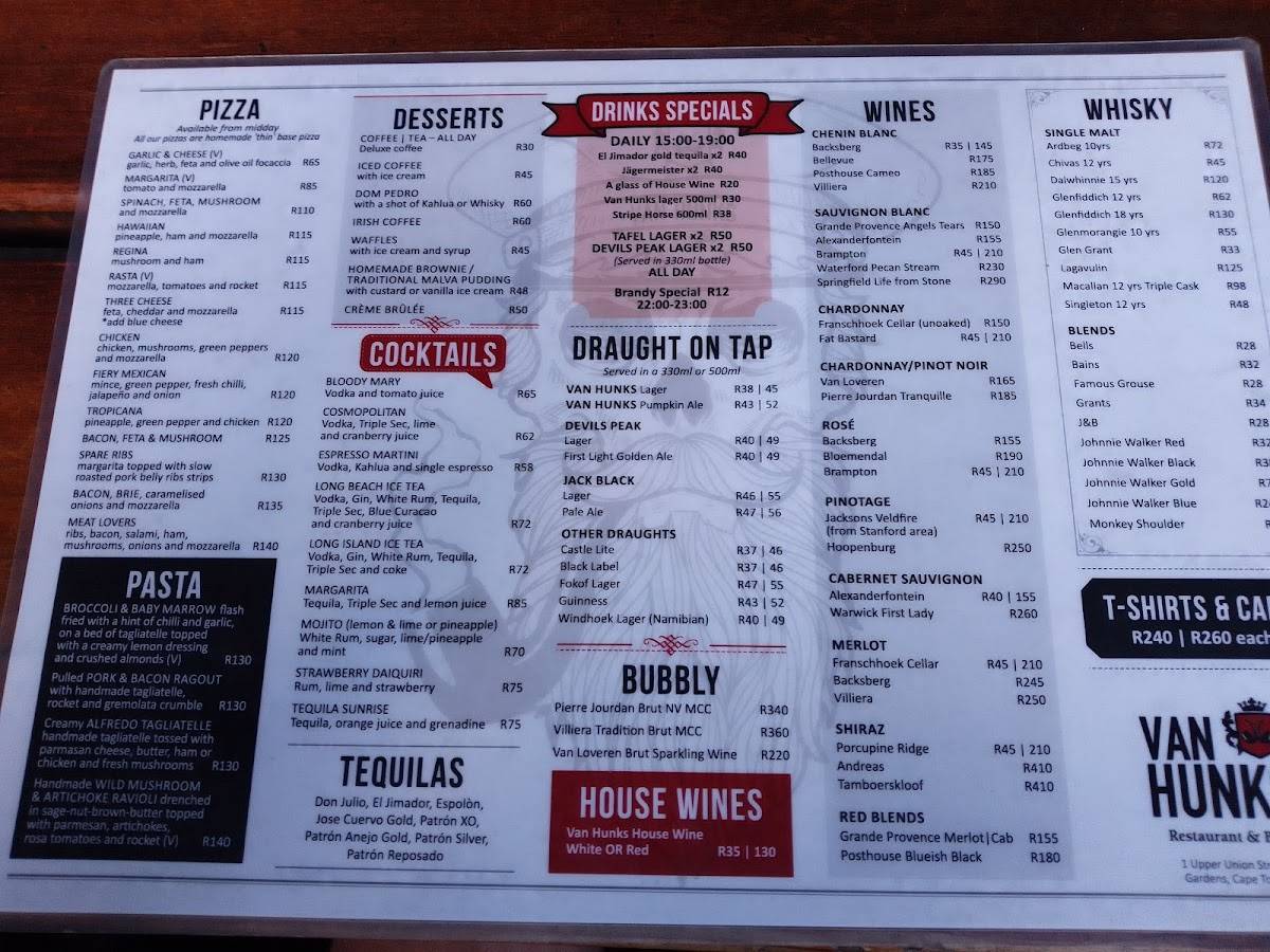Menu at Van Hunks pub & bar, Cape Town