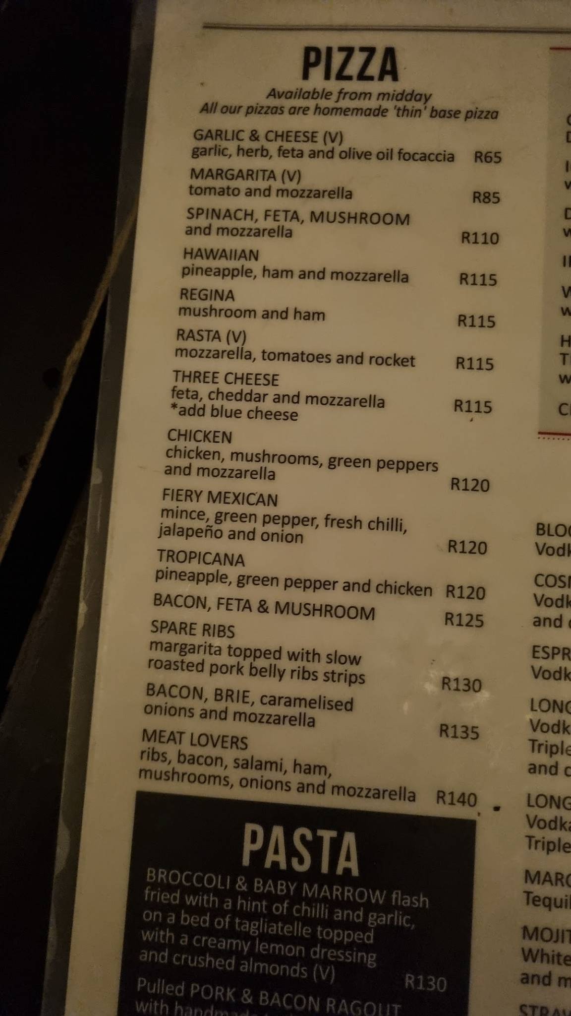 Menu at Van Hunks pub & bar, Cape Town