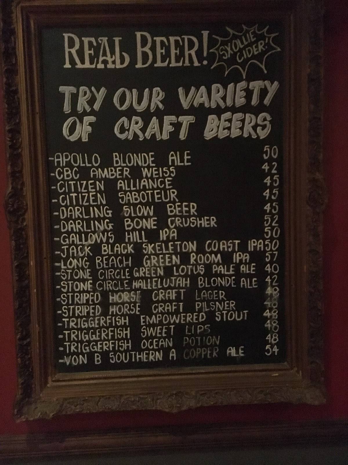 Menu at Van Hunks pub & bar, Cape Town