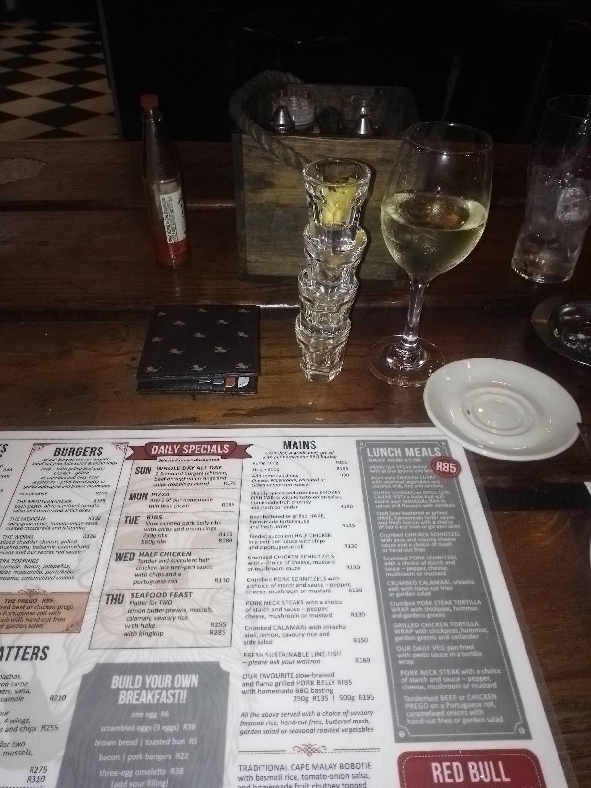 Menu at Van Hunks pub & bar, Cape Town