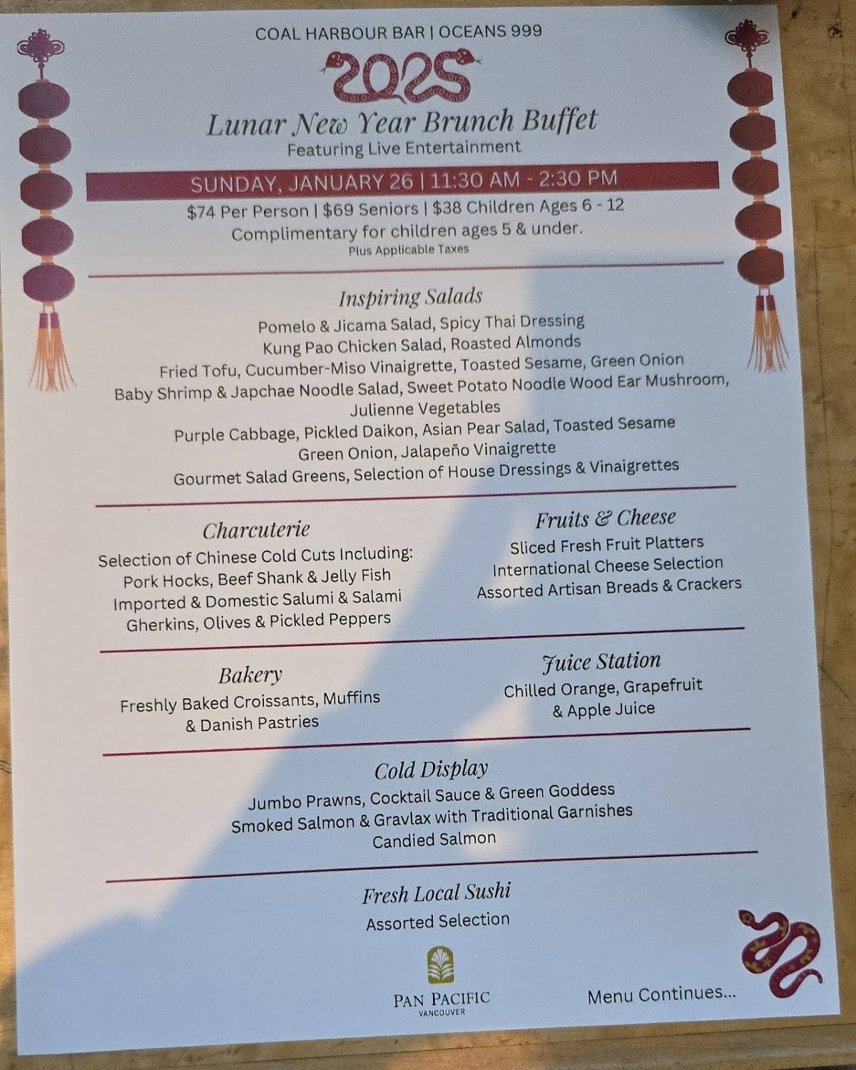 Menu at Oceans 999 restaurant, Vancouver, 999 Canada Pl #300