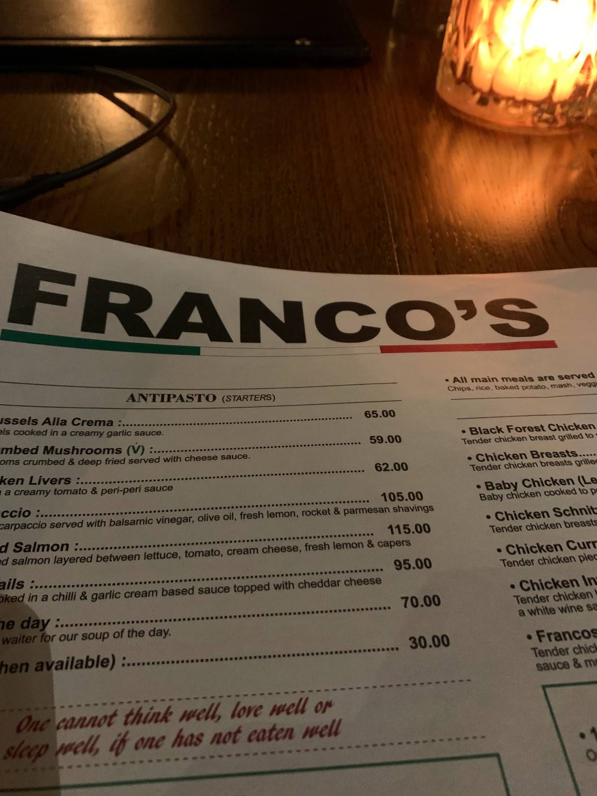 Menu at Franco’s restaurant, Vanderbijlpark, Frikkie Meyer Blvd