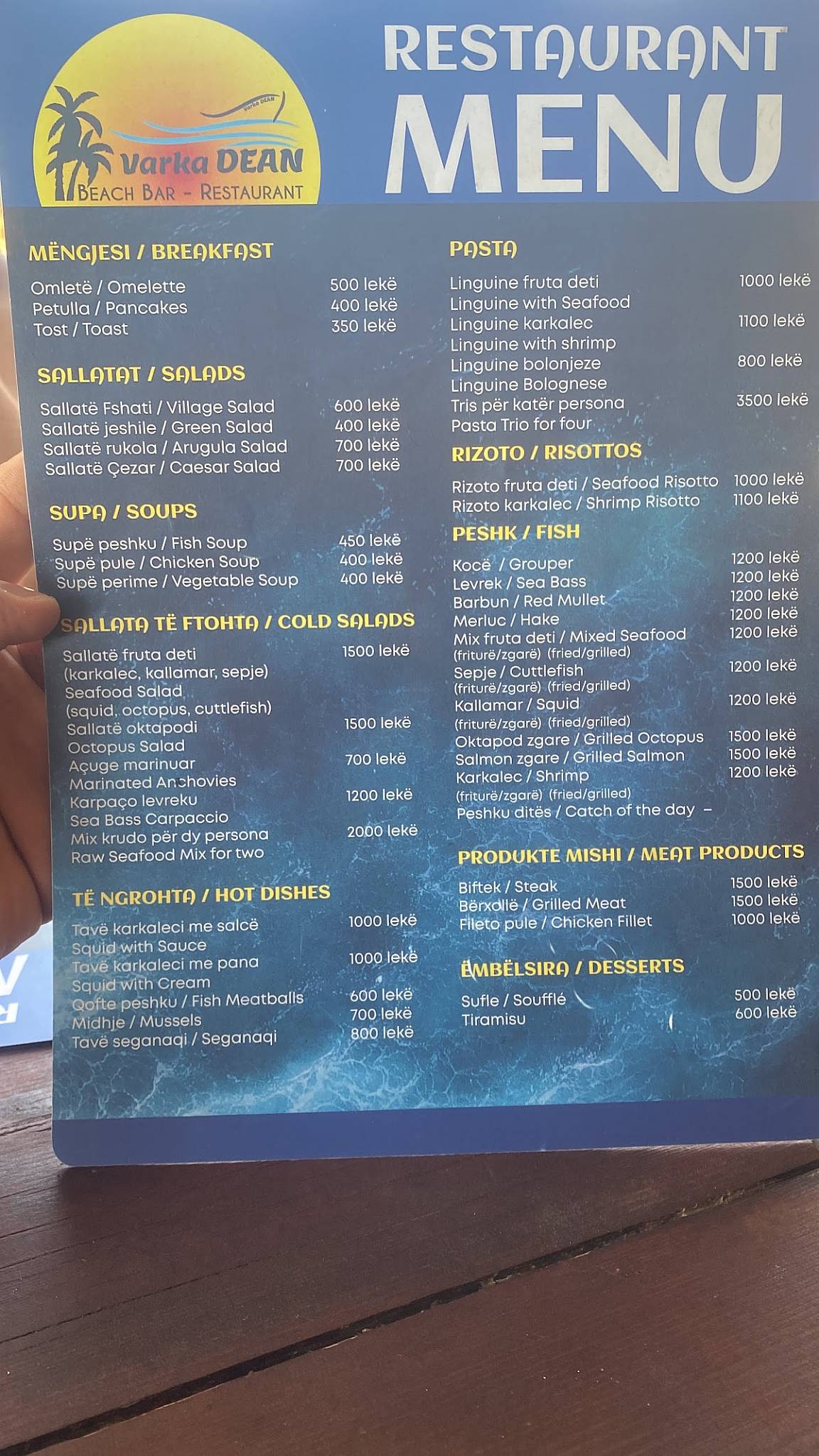 Menu au Varka Dean Beach Bar Restaurant Ksamil, Ksamil