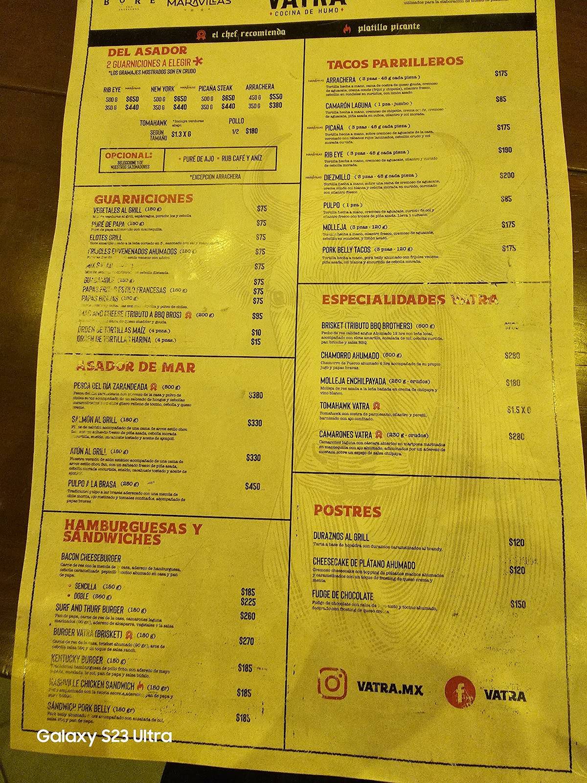 Menu at Vatra - Cocina de humo restaurant, Veracruz