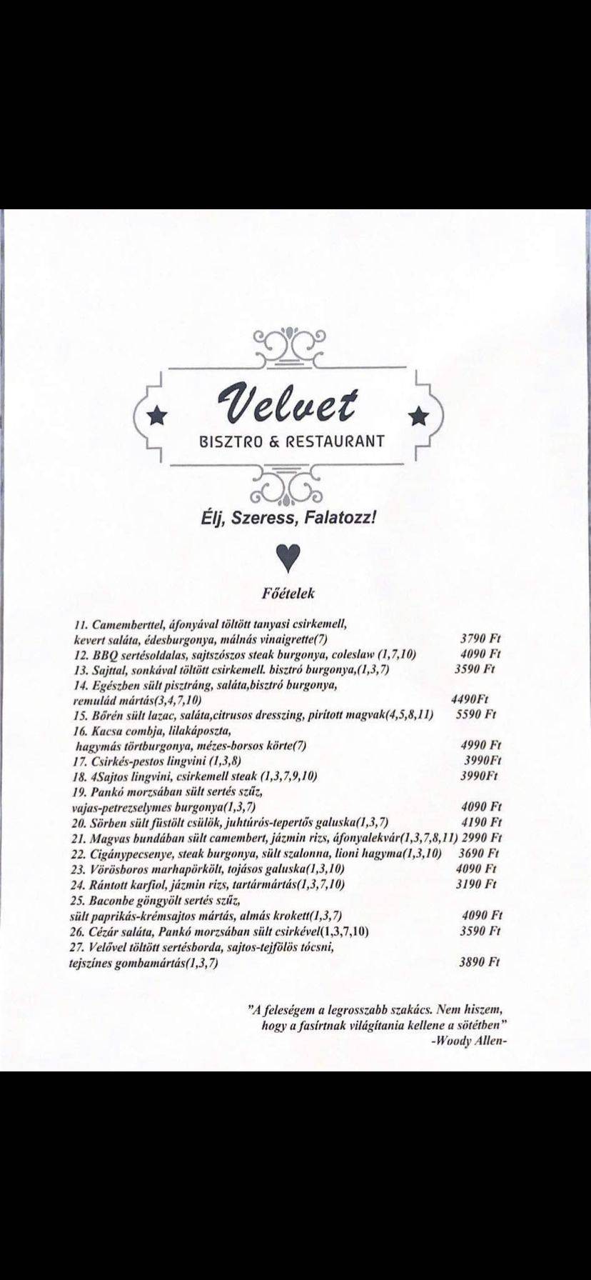 Carta de Velvet Restaurant, Halmaj