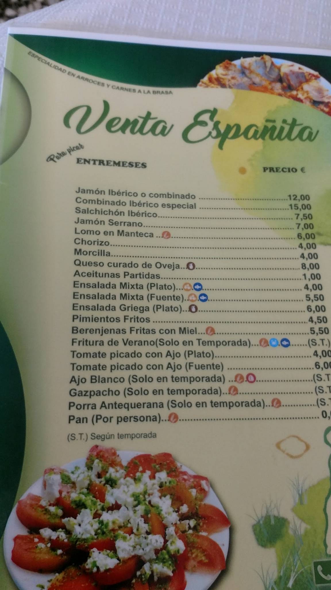 Carta del restaurante Venta Españita, Málaga, Lugar Los Gámez
