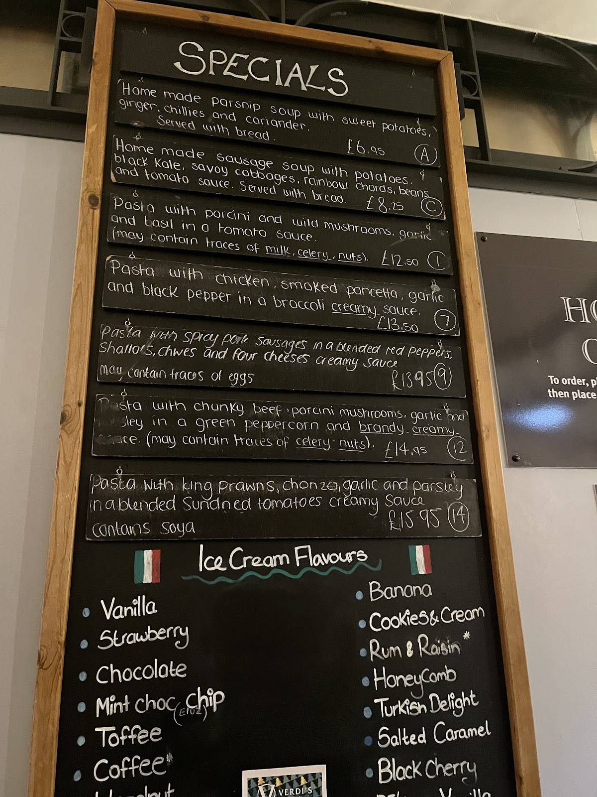 Menu at Verdi's cafe, The Mumbles