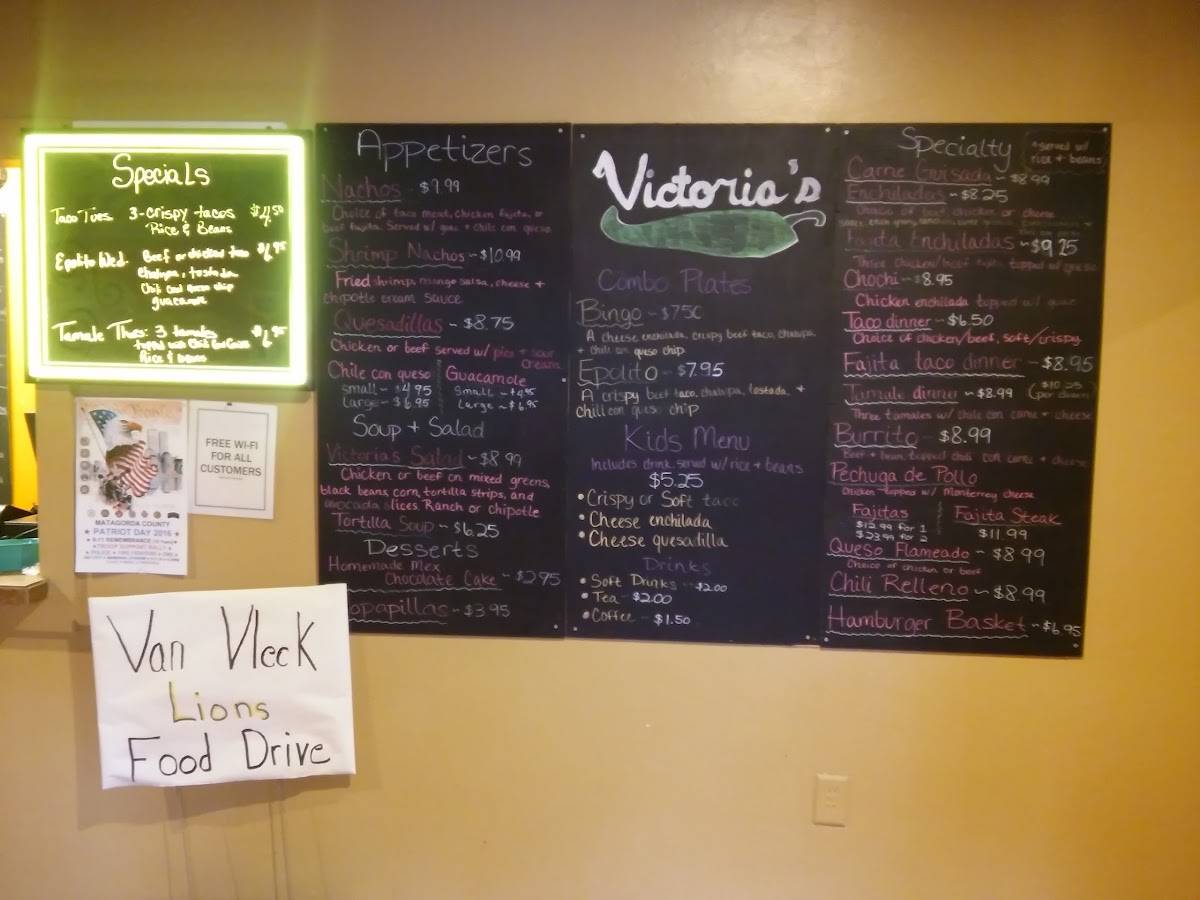 Menu at Victoria's Cocina restaurant, Van Vleck