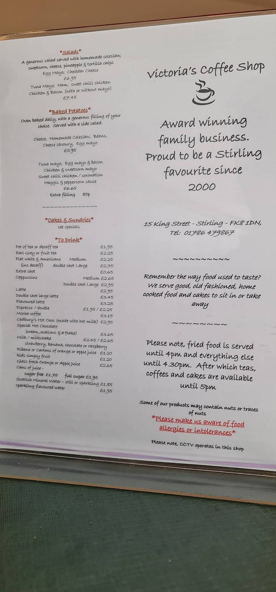 Menu at Victoria's Coffee Shop cafe, Stirling